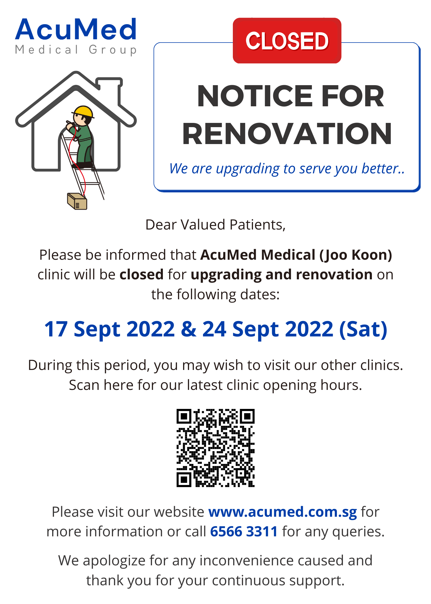 Notice - Joo Koon Clinic Undergoing Renovation | AcuMed Medical